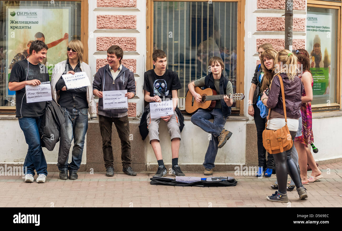 Young people making fun on Arbat street in Moscow, Russia Stock Photo ...
