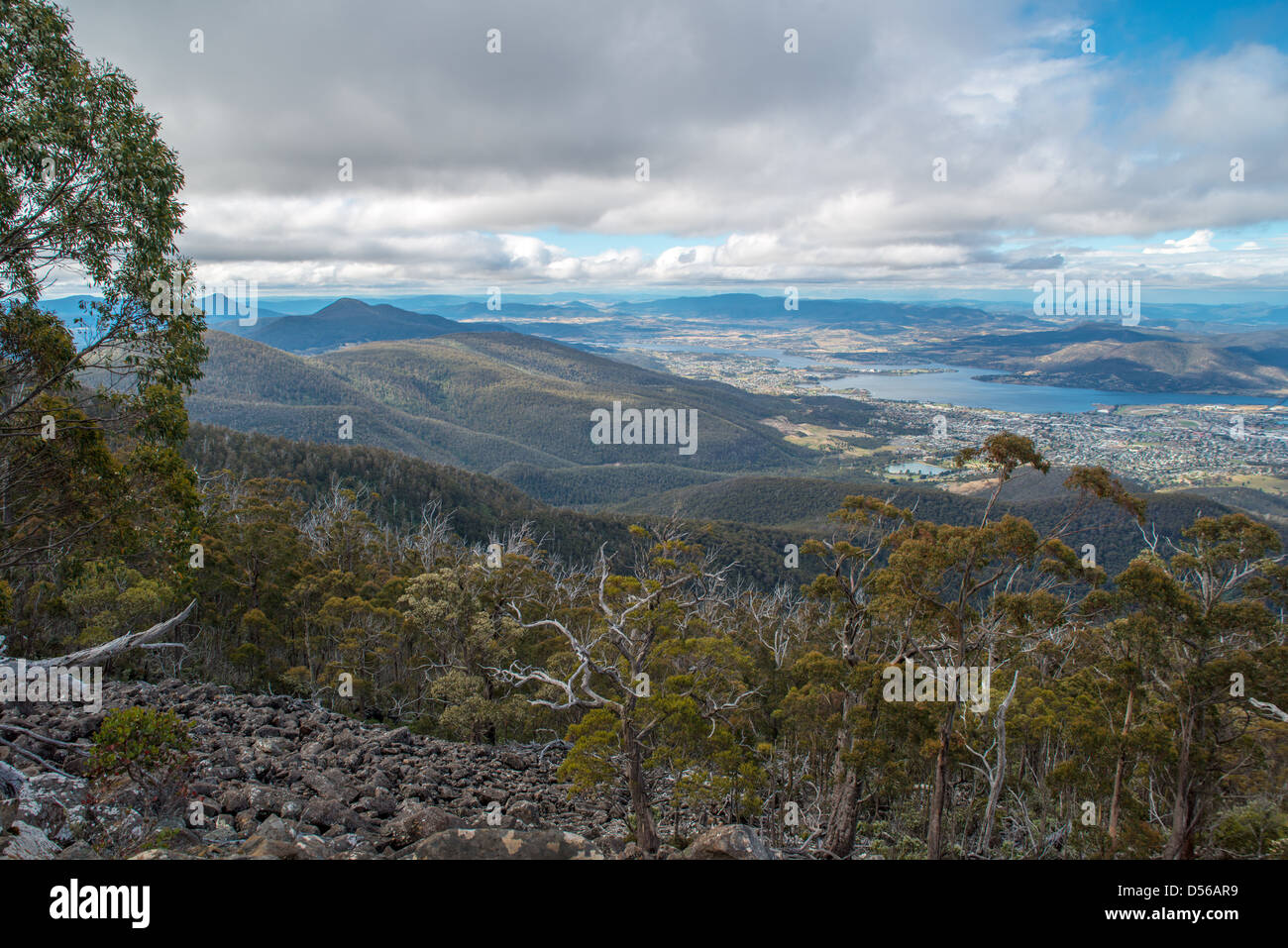 A panoramic view of the Derwent river winding through Hobart, Tasmania ...