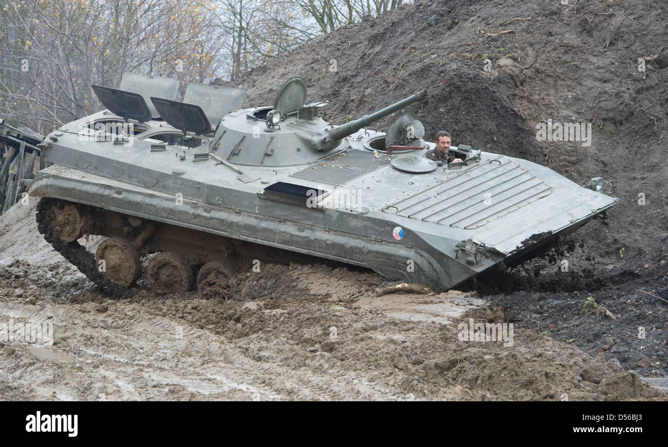 Technikpark MV owner Harald Brehmer drives a Soviet BMP-1 tank at his ...