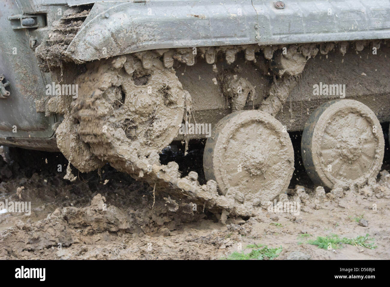 At the Technikpark MV, a Soviet BMP-1 tank is dripping with mud in ...