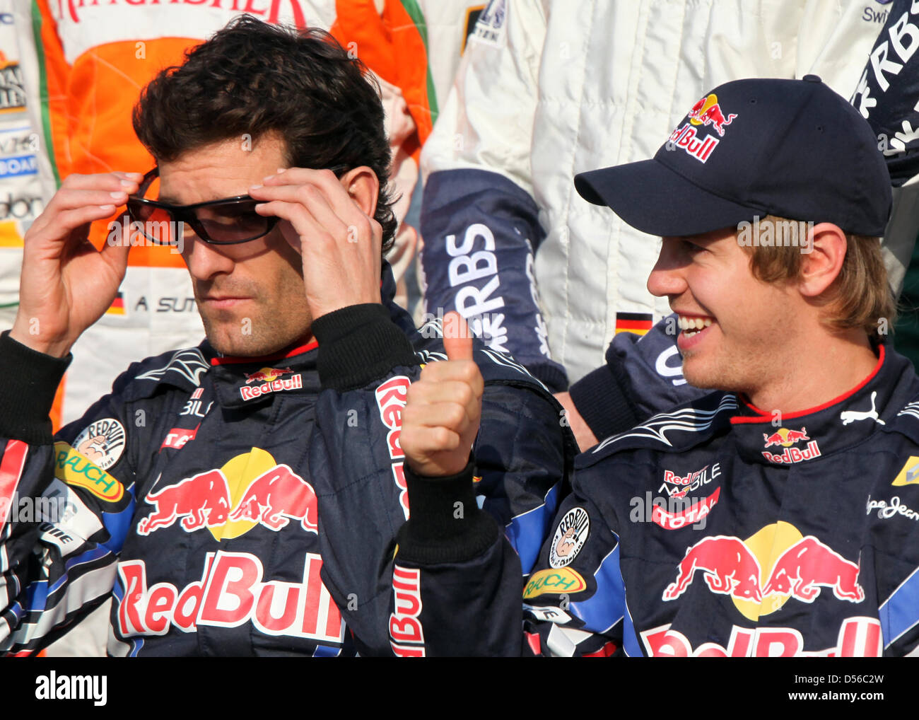 German driver Sebastian Vettel (R) of Red Bull and Australian teammate ...