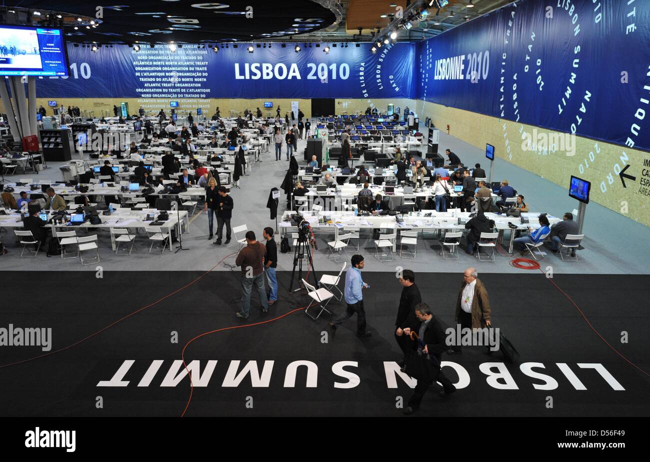 The press center on the grounds of the NATO summit conference begins to ...