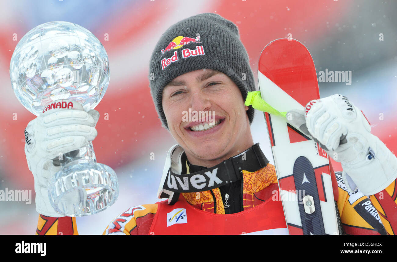 Canadian Erik Guay celebrates his overall Super G World Cup victory ...