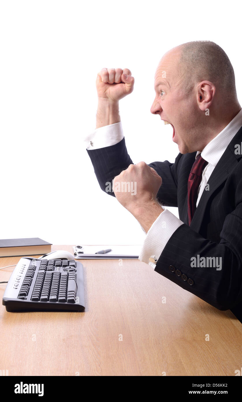 victory punch sat at desk isolated on white background Stock Photo - Alamy