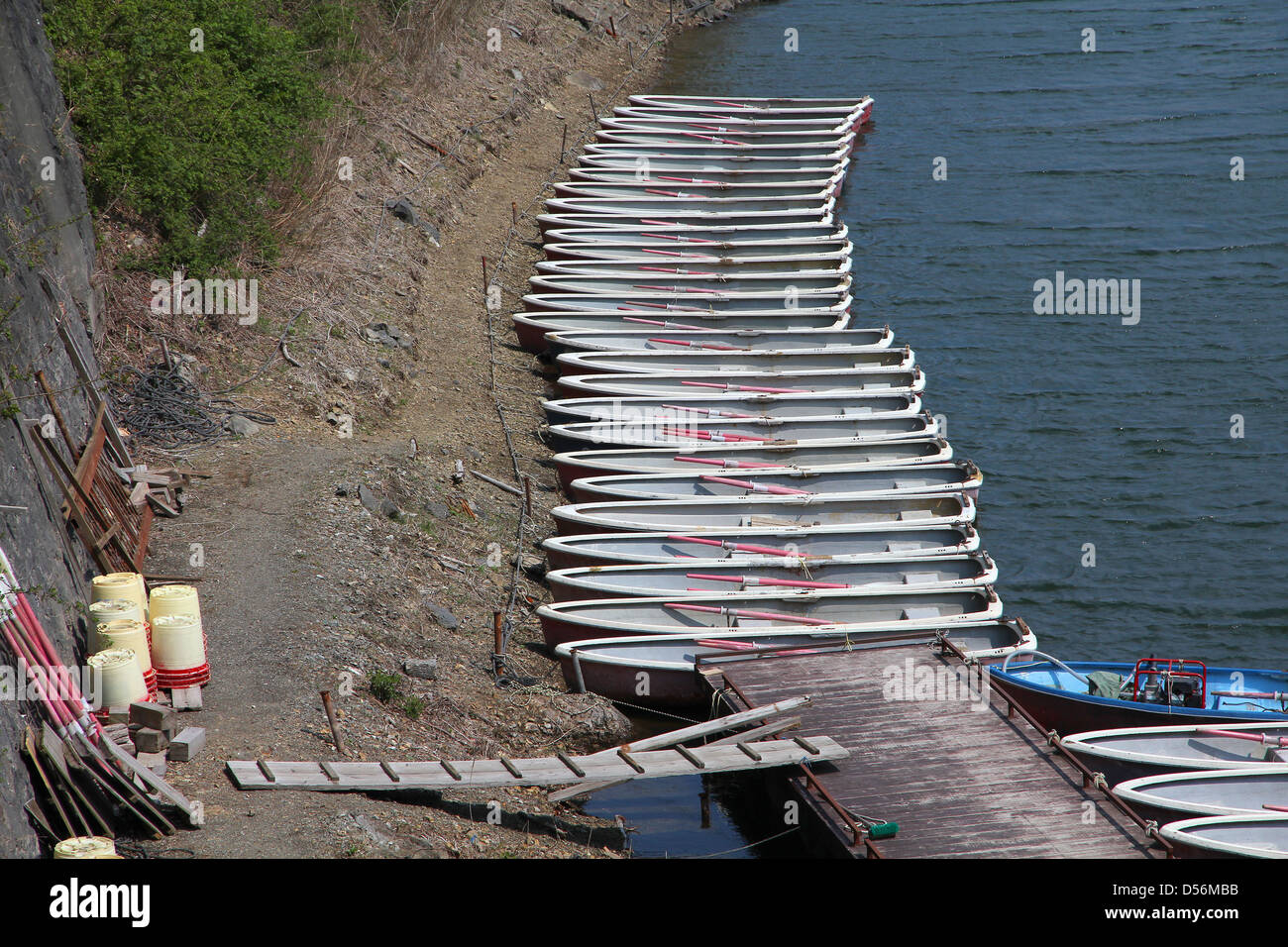 Fishing boats - tens of vessels at a pier in Lake Shojiko, Japan Stock ...