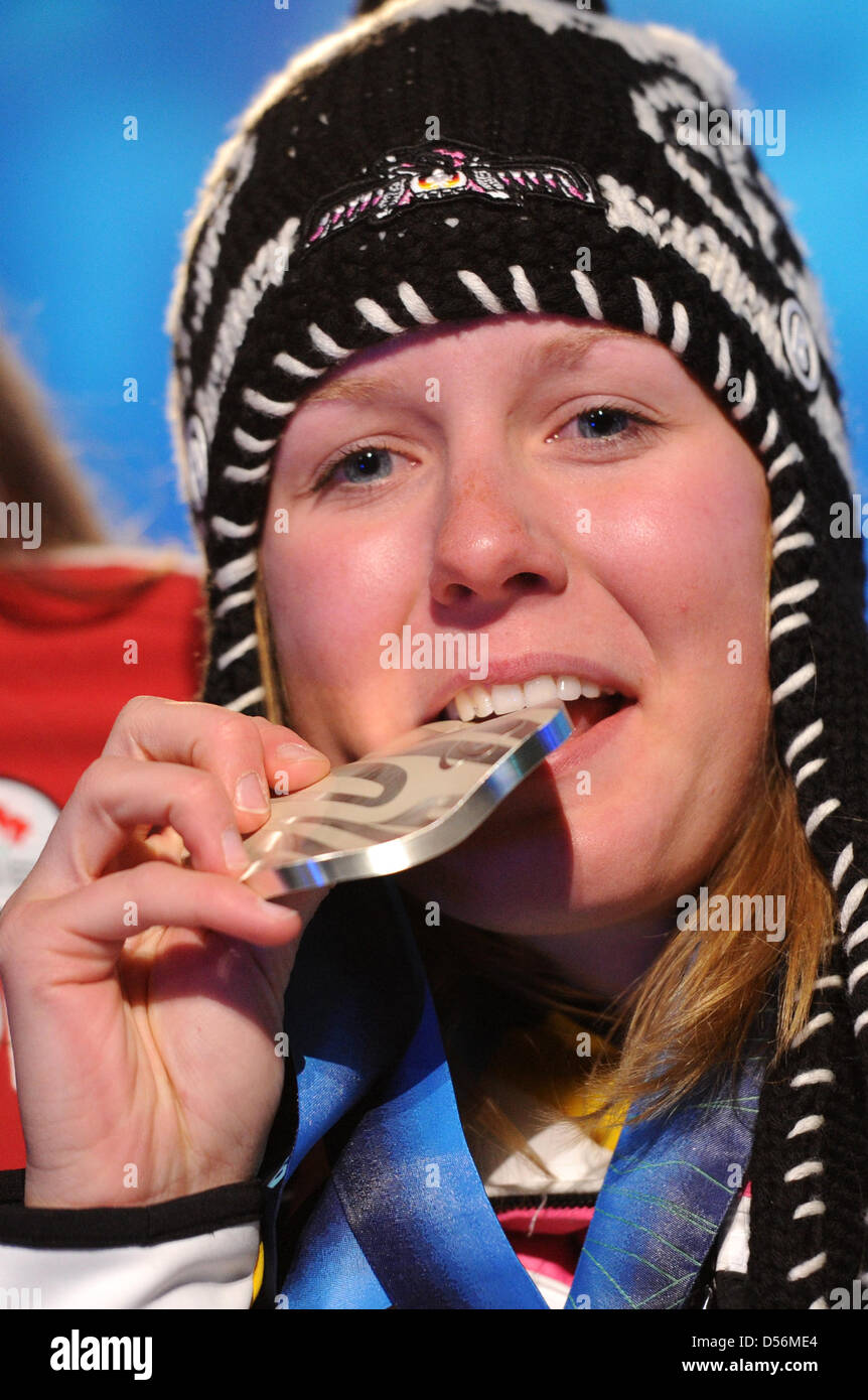 German Andrea Rothfuss celebrates her silber medal in the standing ...