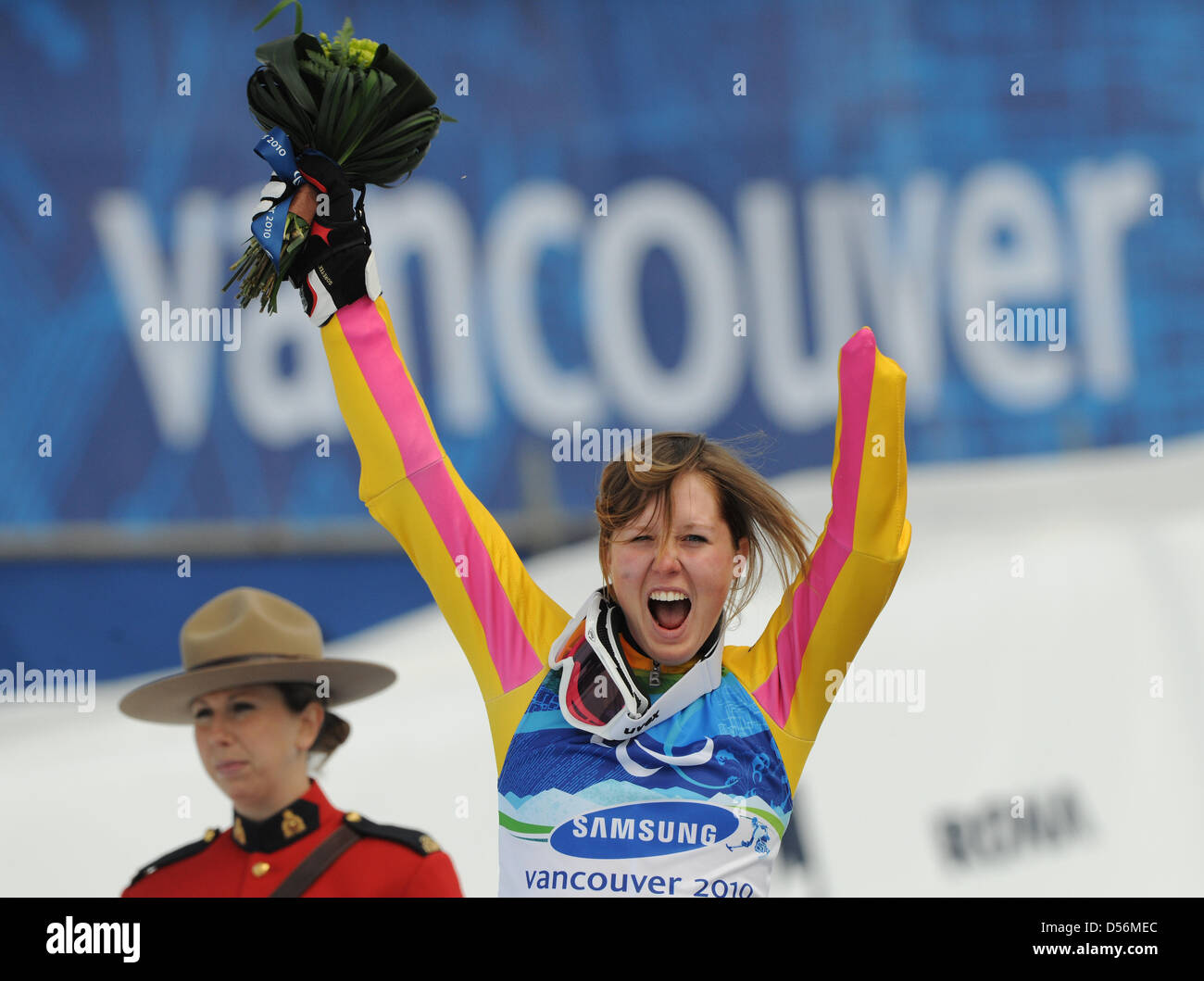 German Andrea Rothfuss celebrates her silber medal in the standing ...