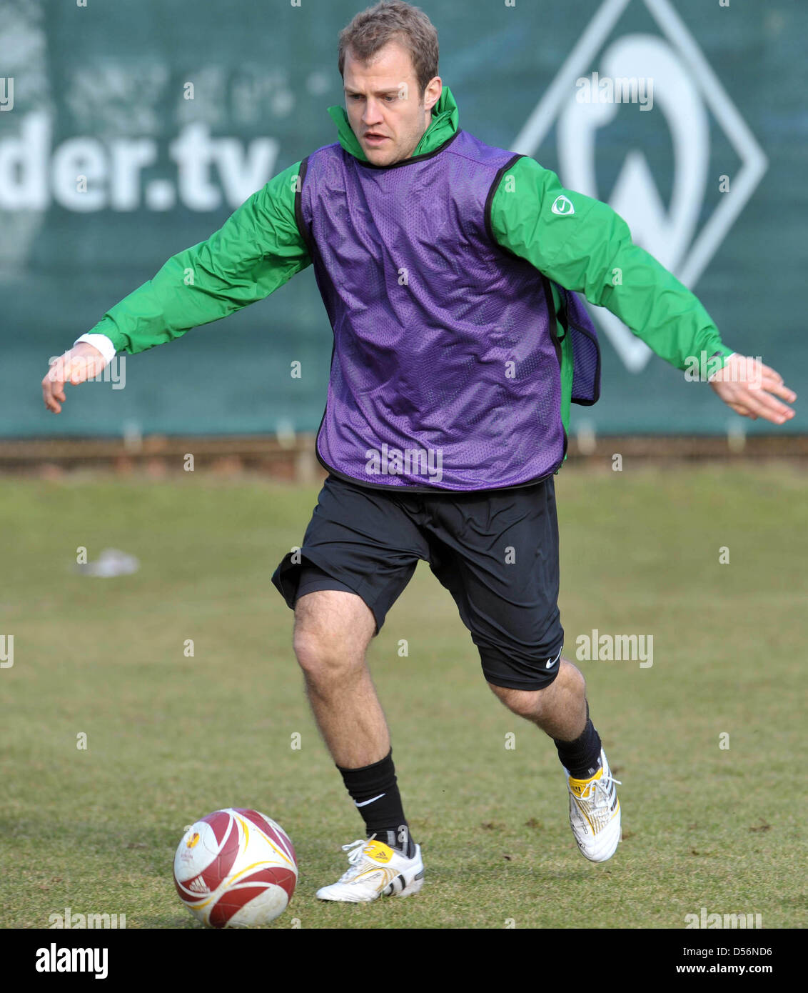Bremen player Daniel Jensen in action during practice at Weserstadium ...