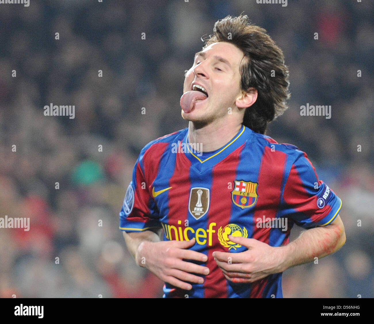Barcelona's Lionel Messi sticks out his tongue after missing a chance ...