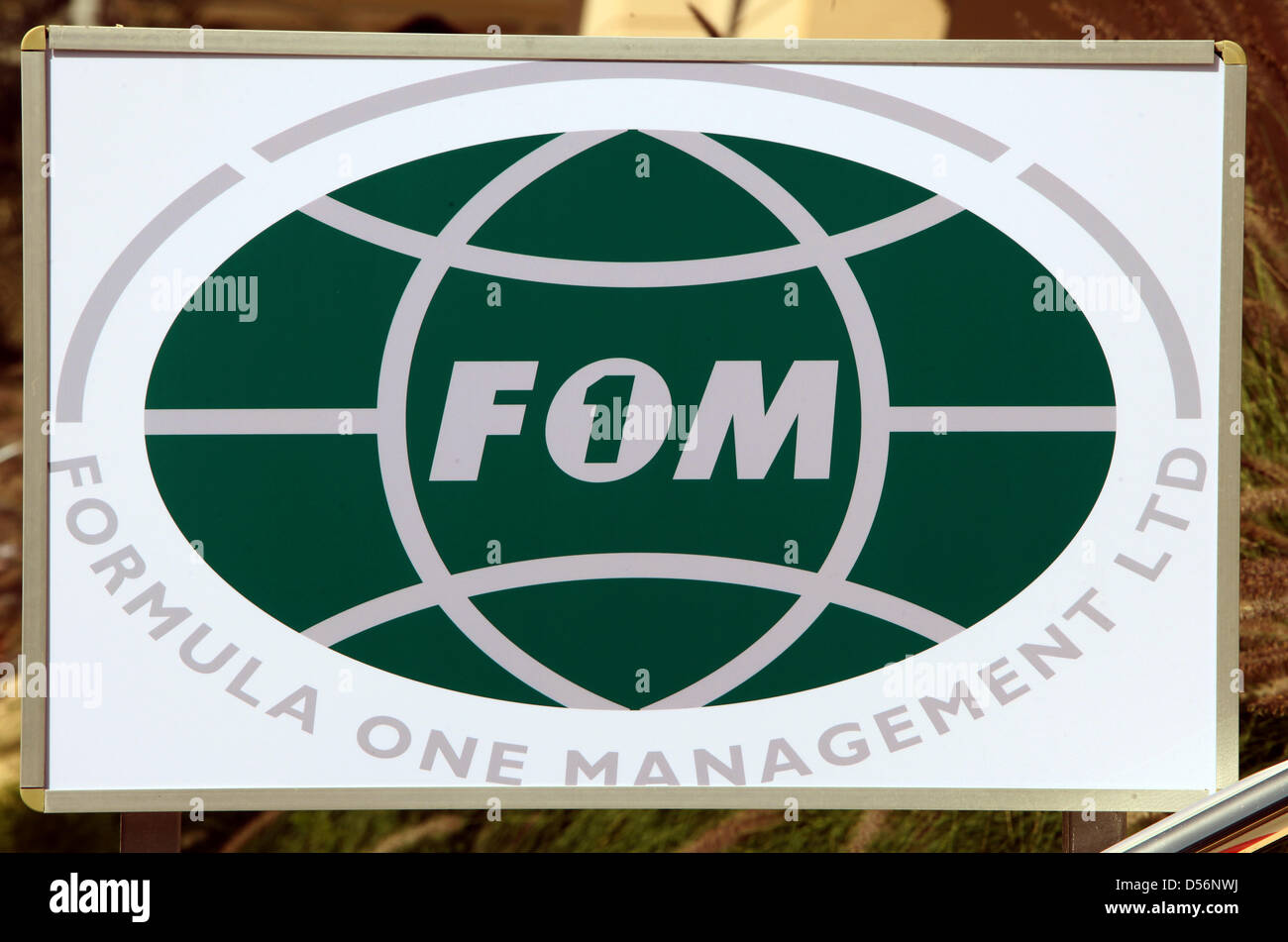 The logo of Formula One Mangaement Ltd. (FOM) pictured at Sakhir race ...