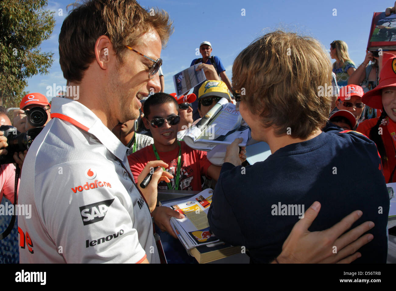 German Sebastian Vettel (R) of Team Red Bull and Britsh Jenson Button ...