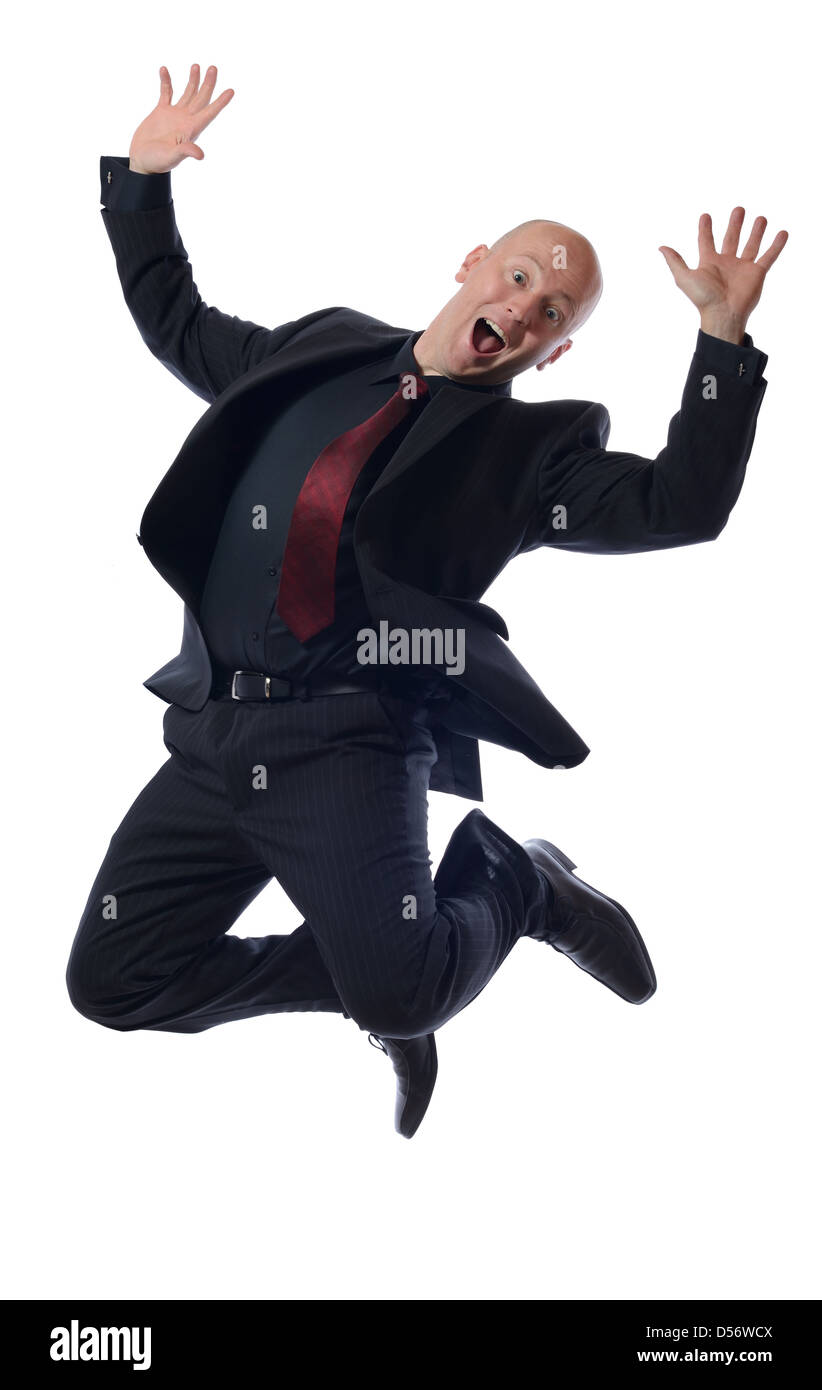Full length of business man jumping in joy on white background Stock ...