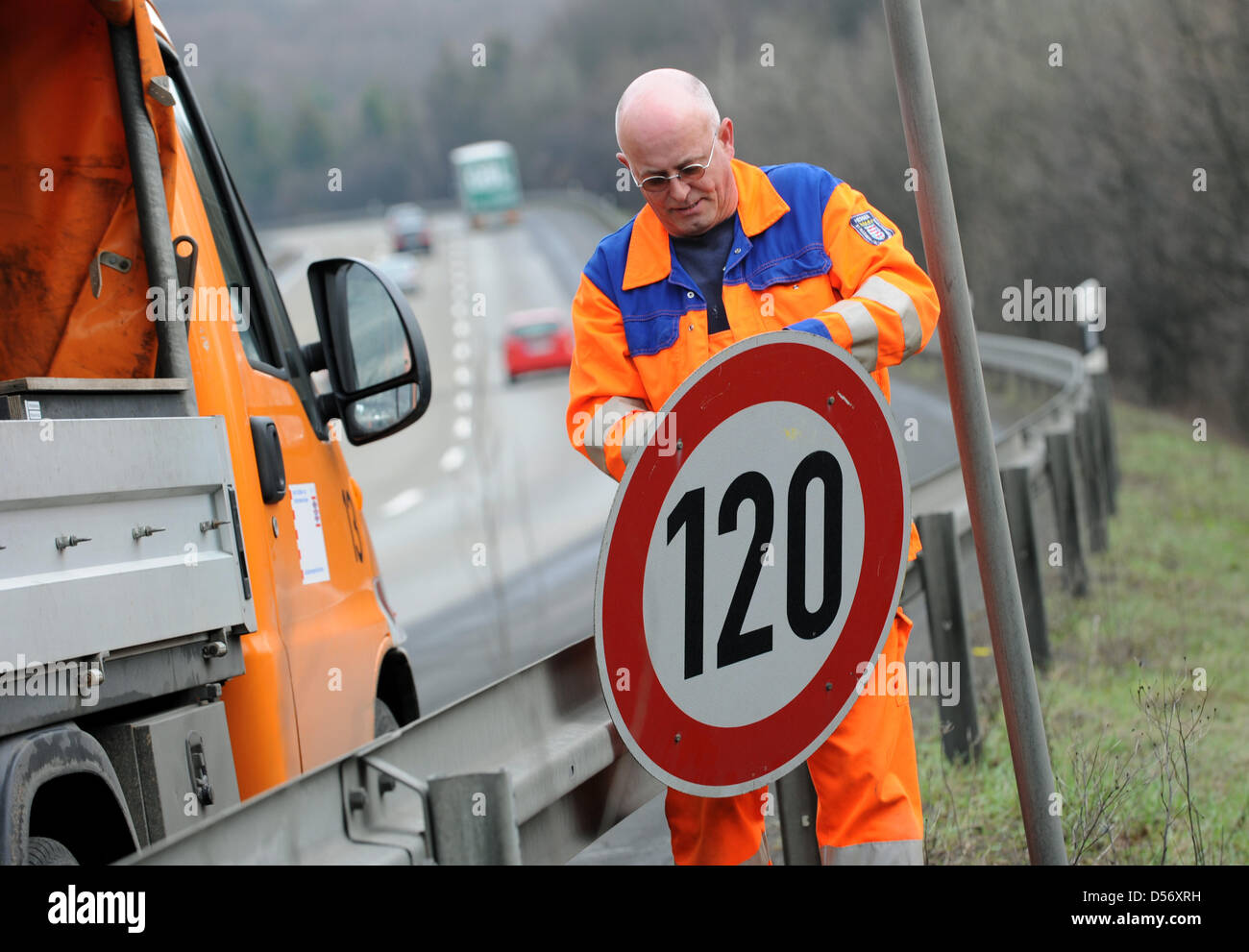 Uwe Reinmoeller of road maintenance authority Kirchheim unmounts a ...