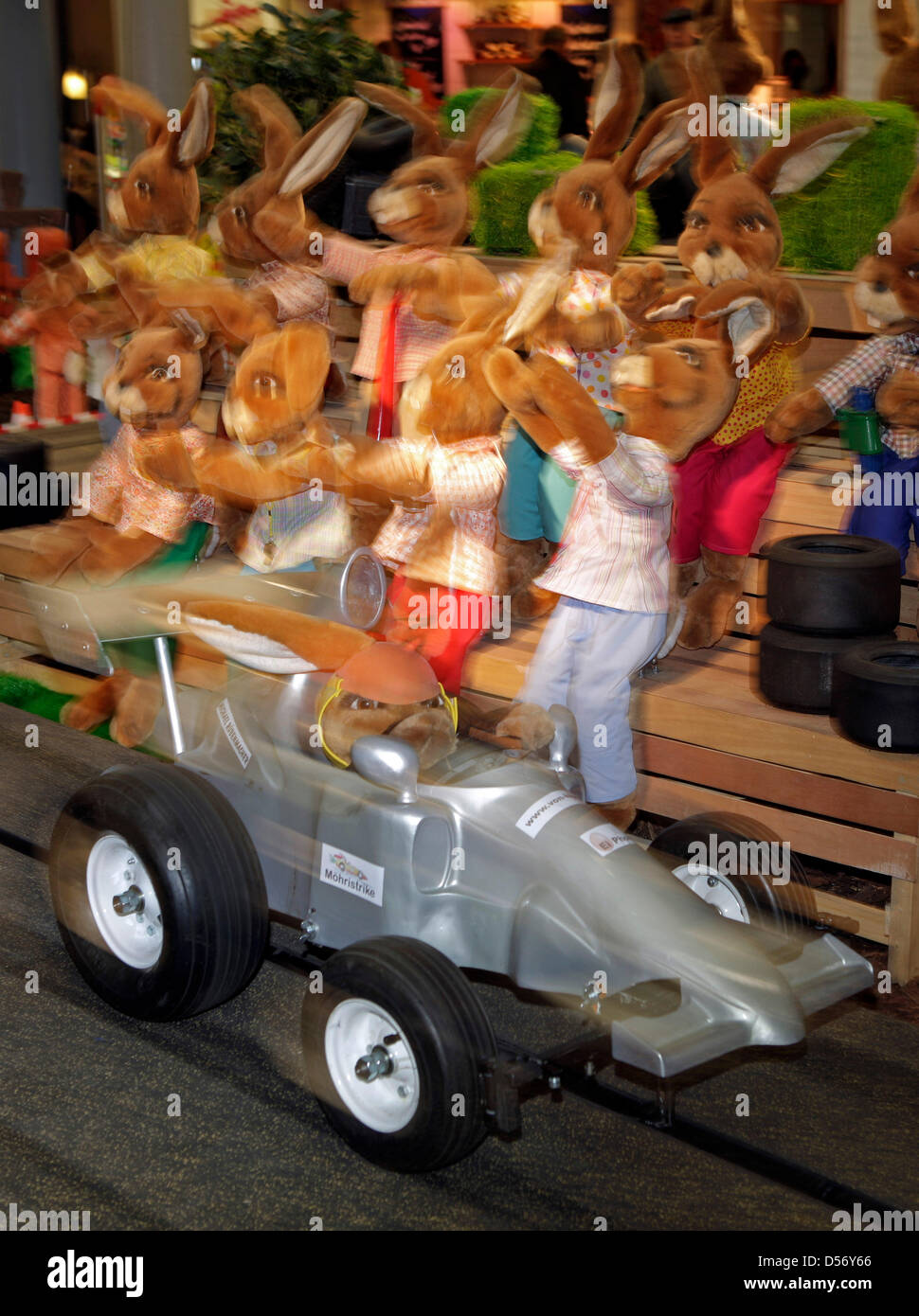 Easter bunnies stuffed toys cheer their conspecifics performing a ...