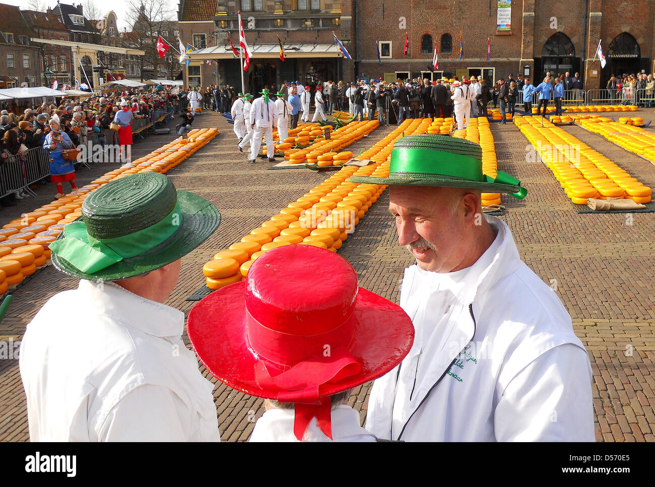 Men carry Gouda chees to the traditional chees market in Alkmaar, the ...