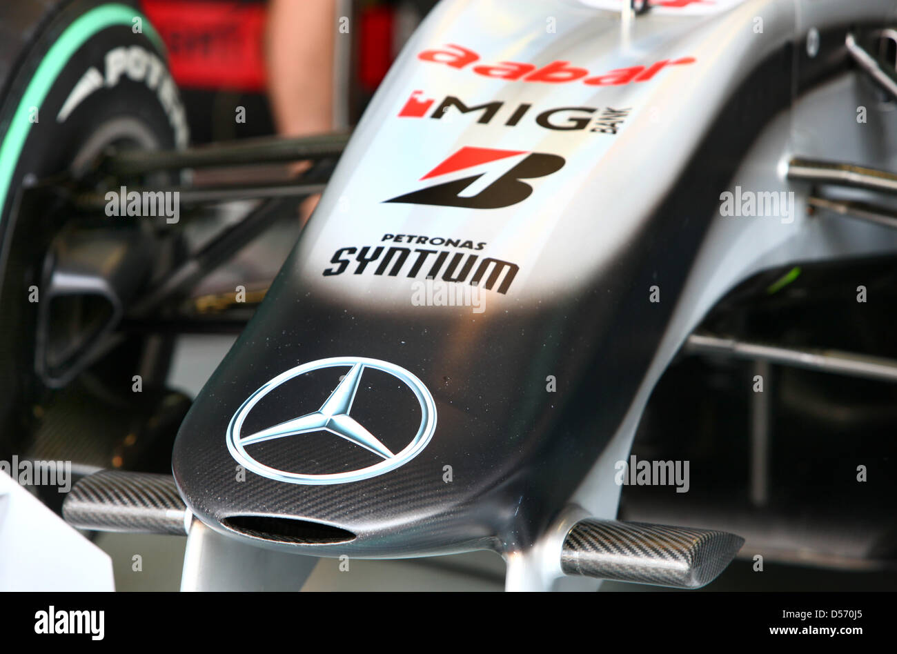 The front nose of Formula One racecar of Mercedes Grand Prix depicted ...