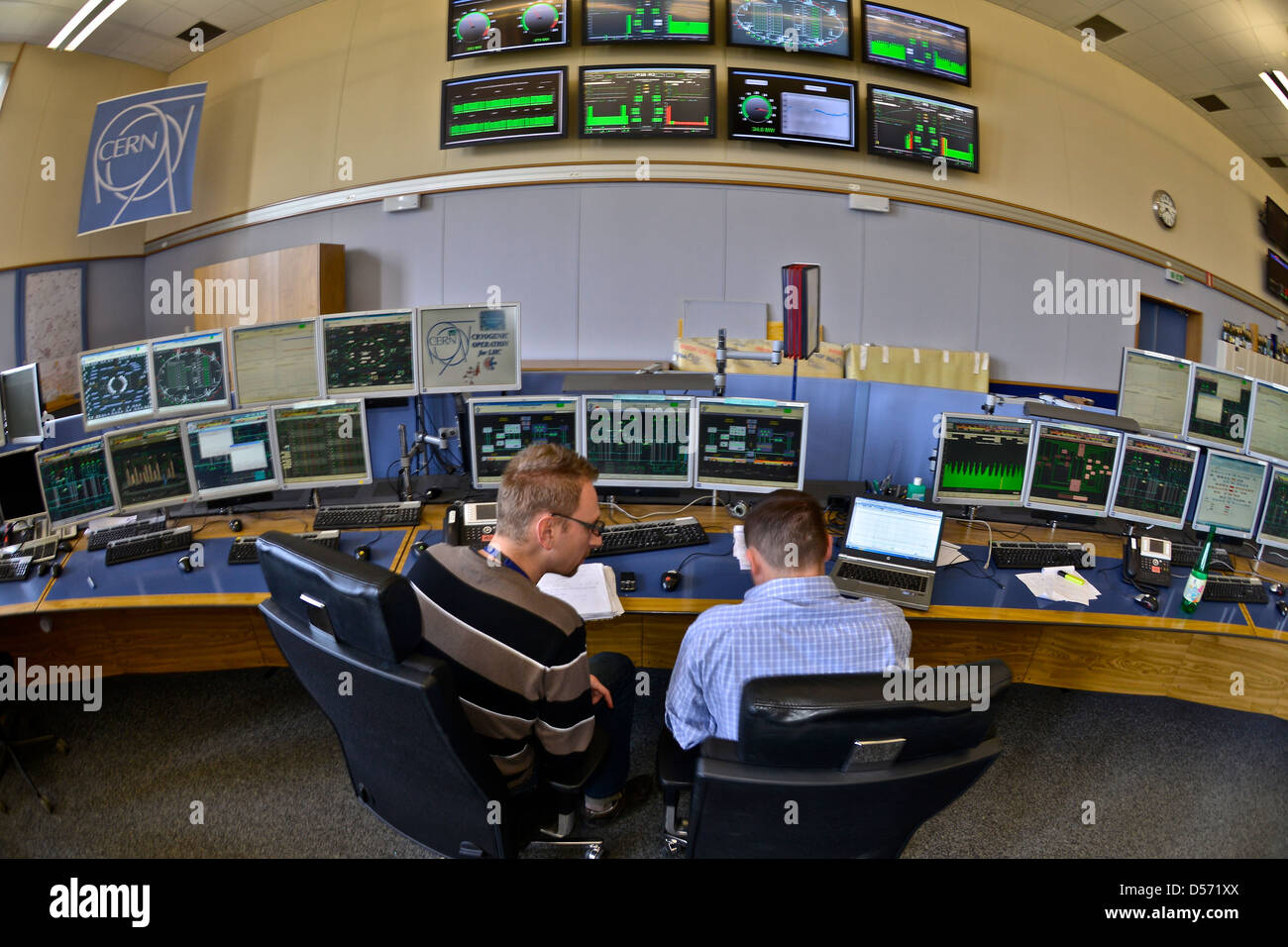 General view of the ATLAS particle detector control room. CERN, the ...
