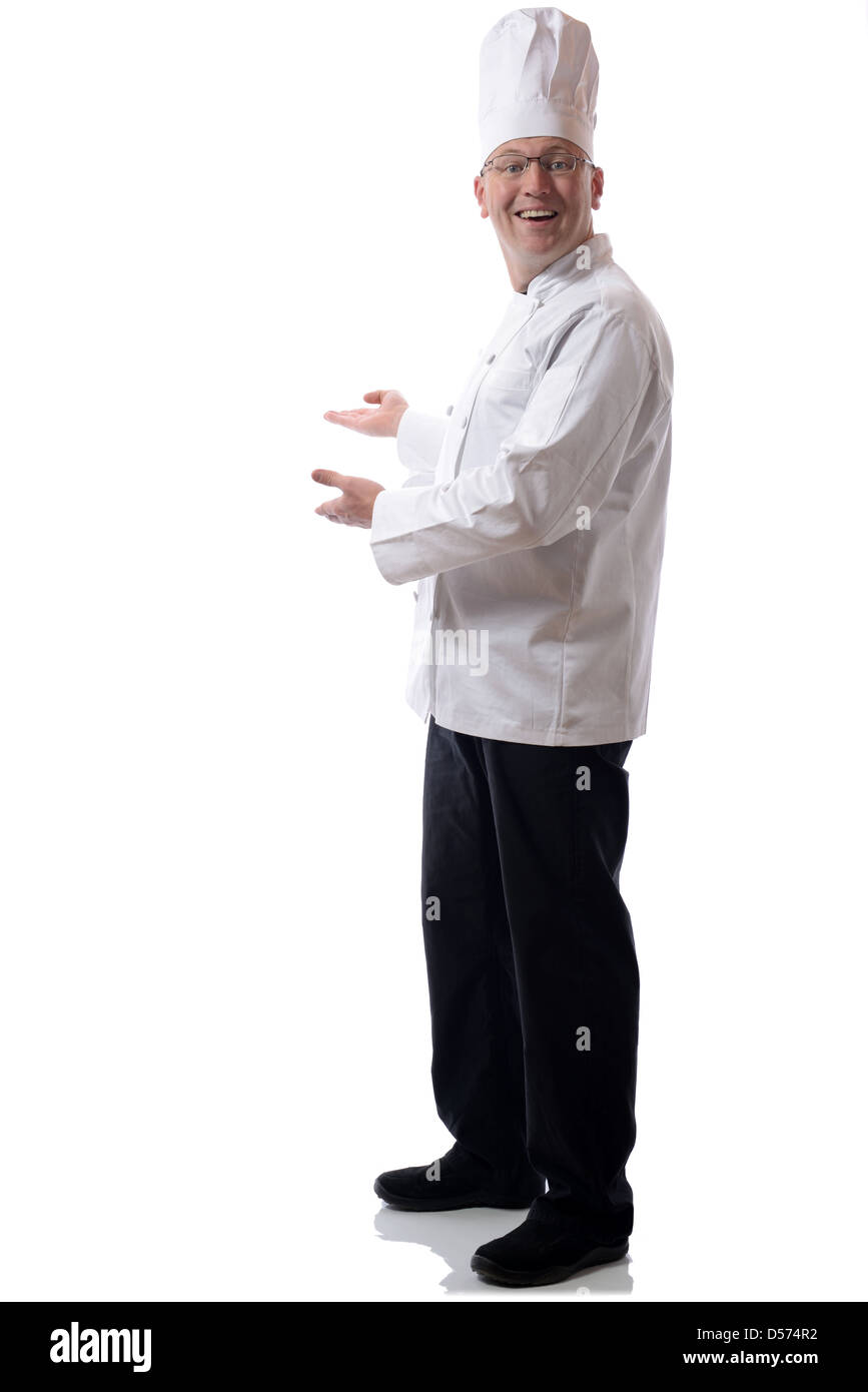 Male chef smiling pointing to a product isolated on white Stock Photo ...