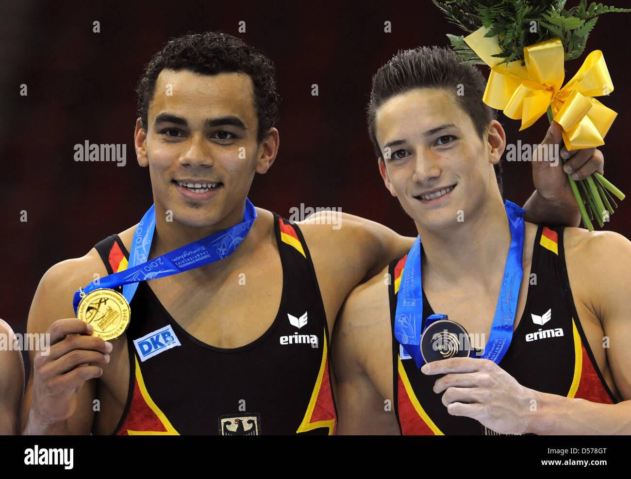 German gymnasts Matthias Fahrig (L, Gold) and Marcel Nyugen (R, Bronze ...