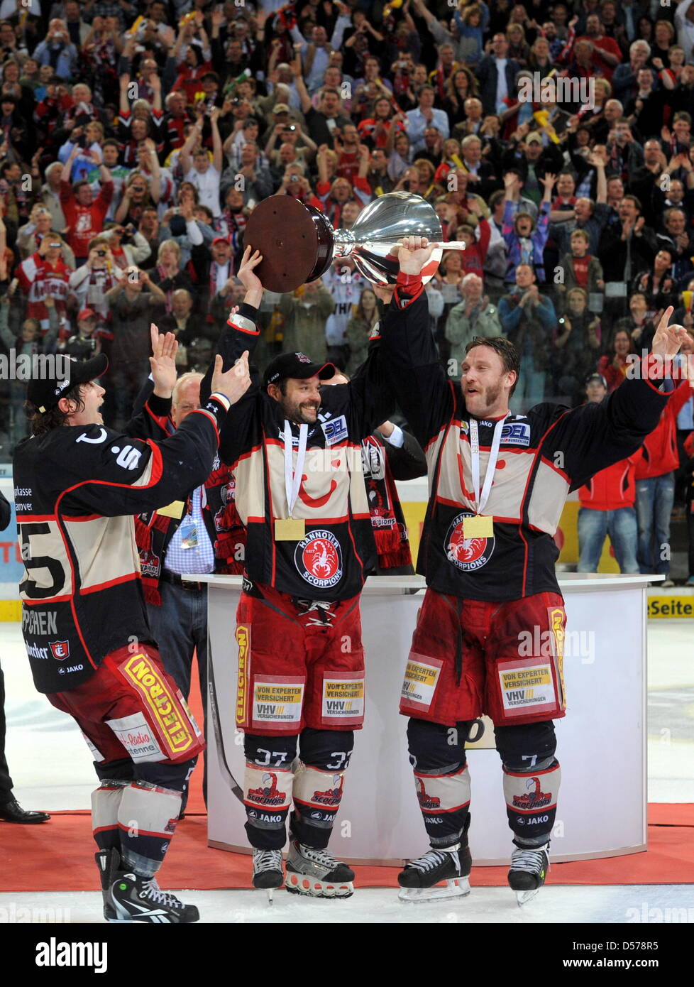 (L-R) Hanover Scorpion's Patrick Koeppchen, Tino Boos and Sascha Goc ...
