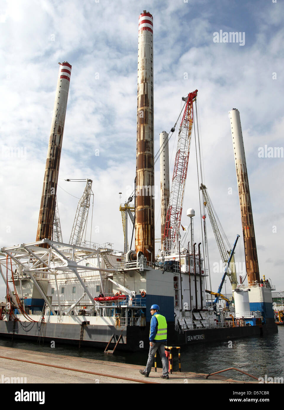 A working platform for the offshore wind park 'Baltic 1' pictured at ...