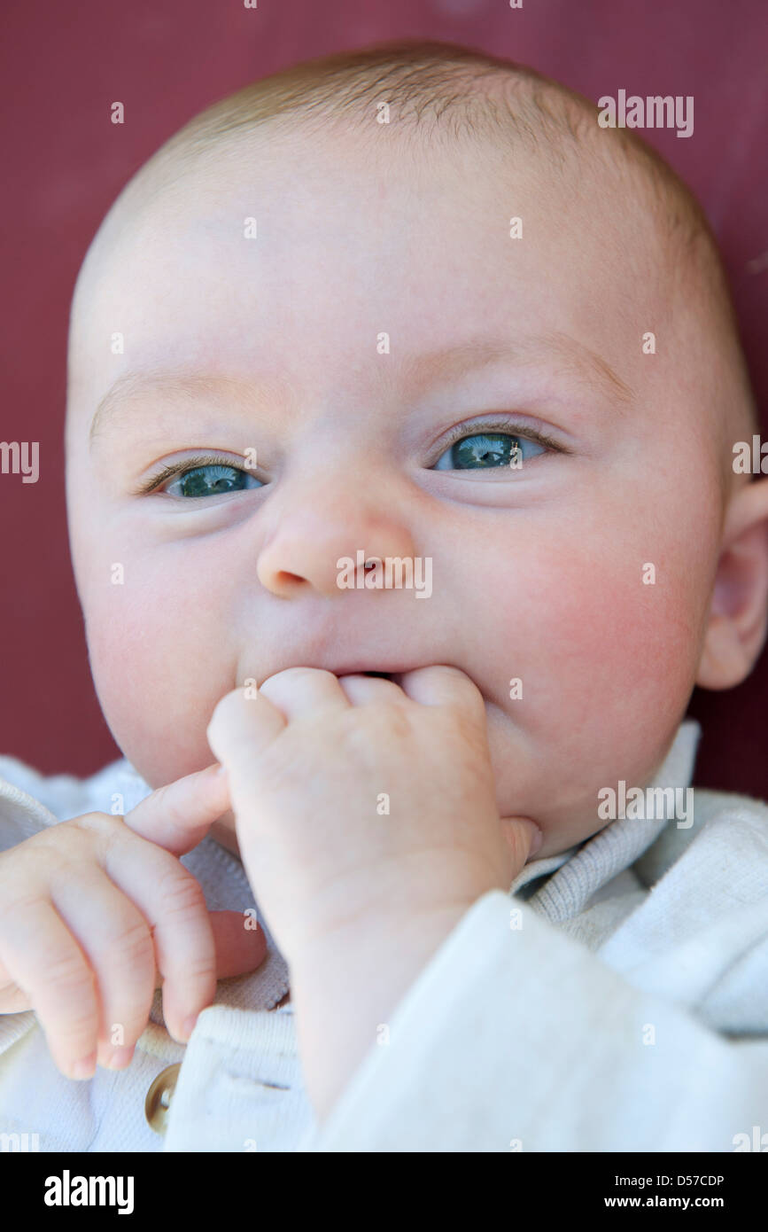 Baby biting hand, high angle view Stock Photo - Alamy