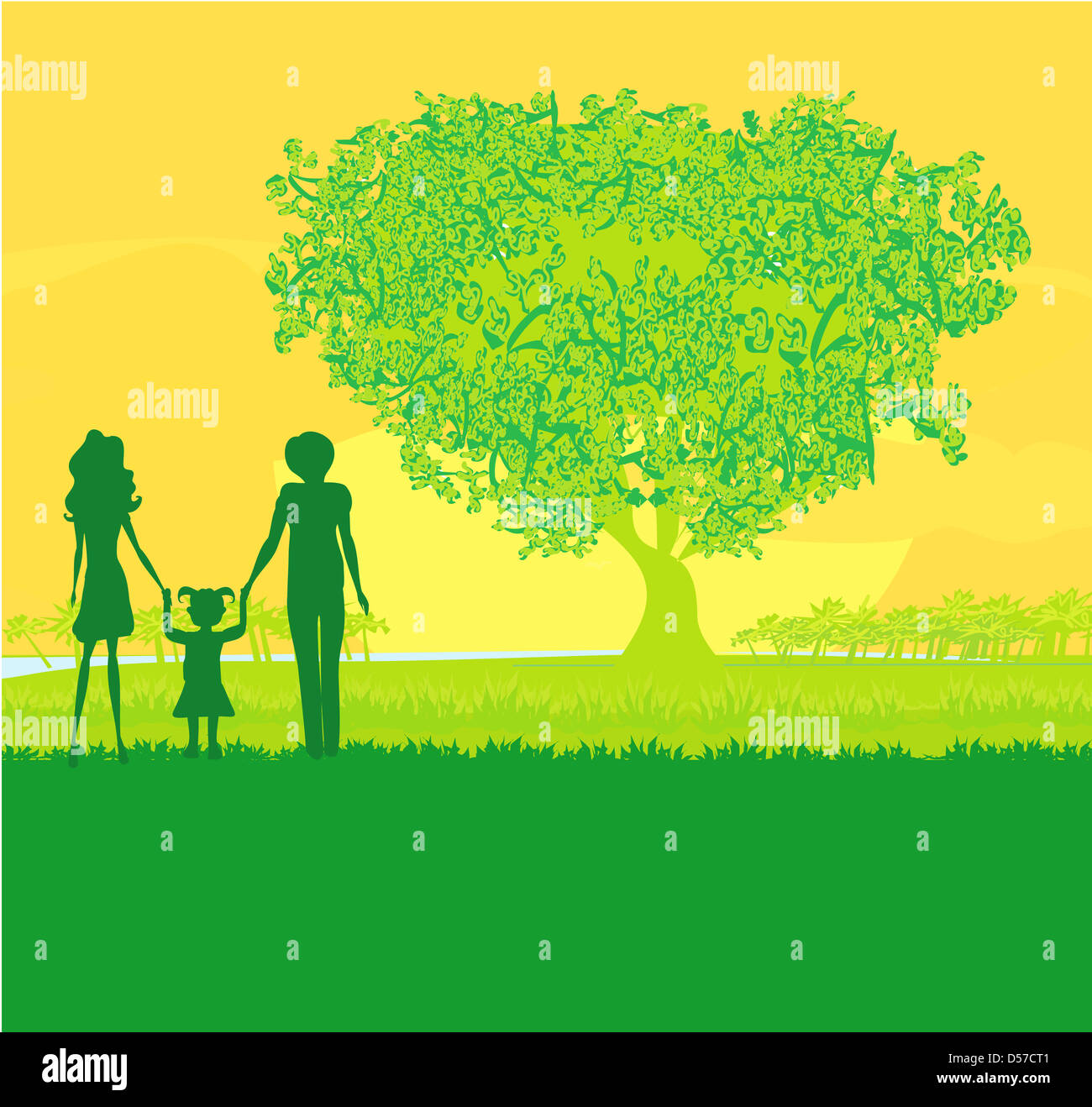Happy family walks on nature, sunset Stock Photo - Alamy