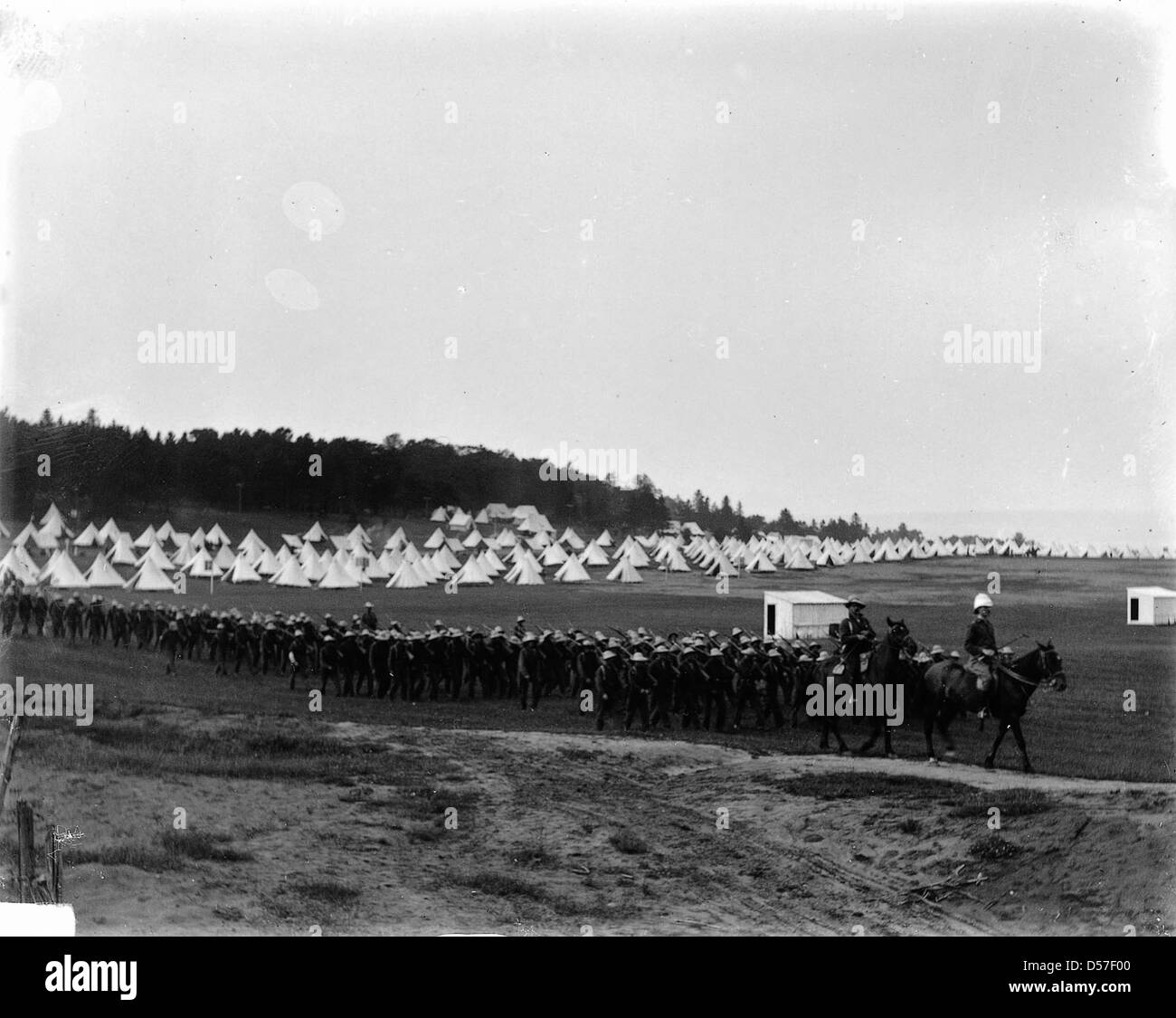 This 1915 photograph shows a parade at a militia camp in Levis, Quebec ...