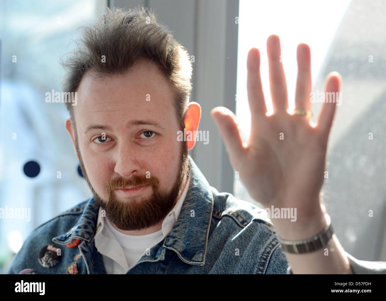 American author Joey Goebel poses at the book fair in Leipzig, Germany ...