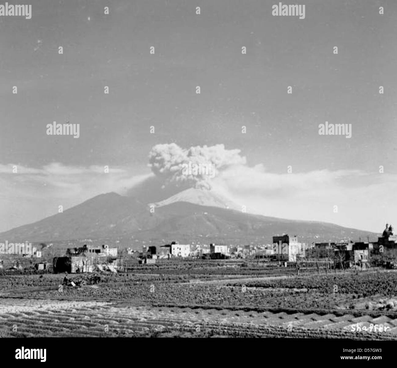 A photograph capturing the eruption of Mount Vesuvius in 1944, showing ...