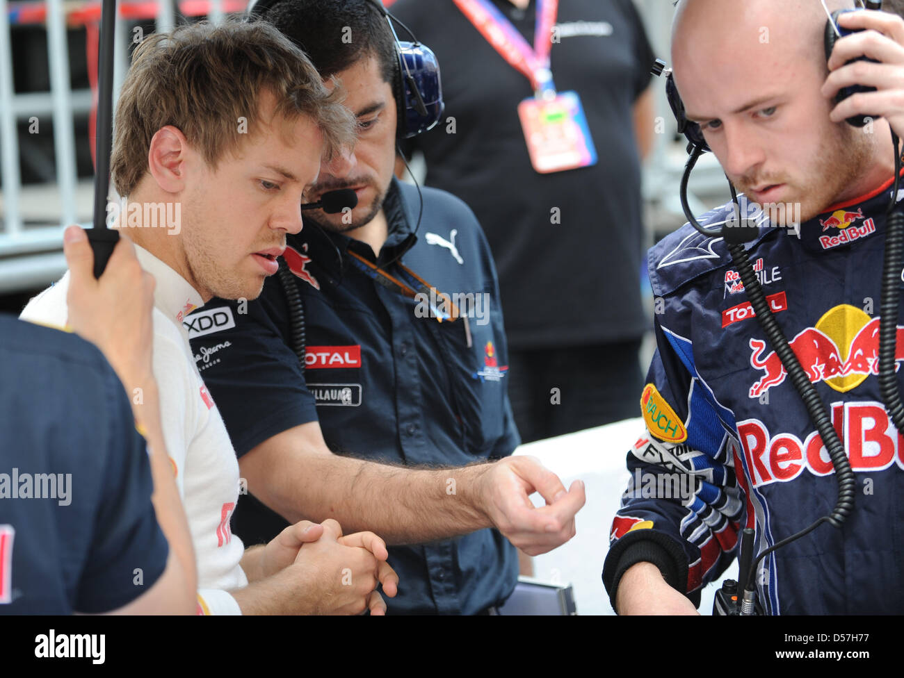 German driver Sebastian Vettel of Red Bull Racing prepares in the grid ...