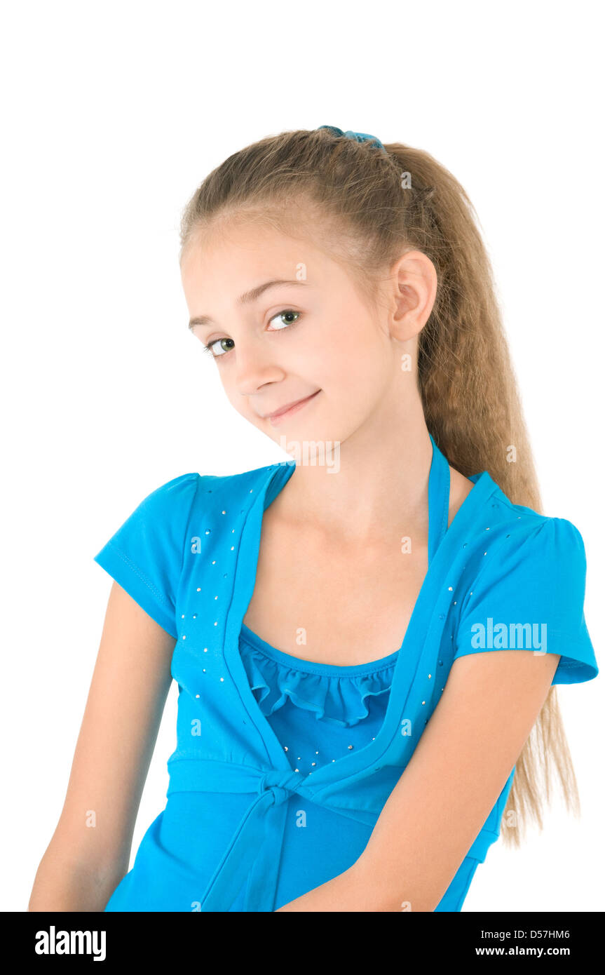 Girl in the blue blouse on the white background Stock Photo - Alamy