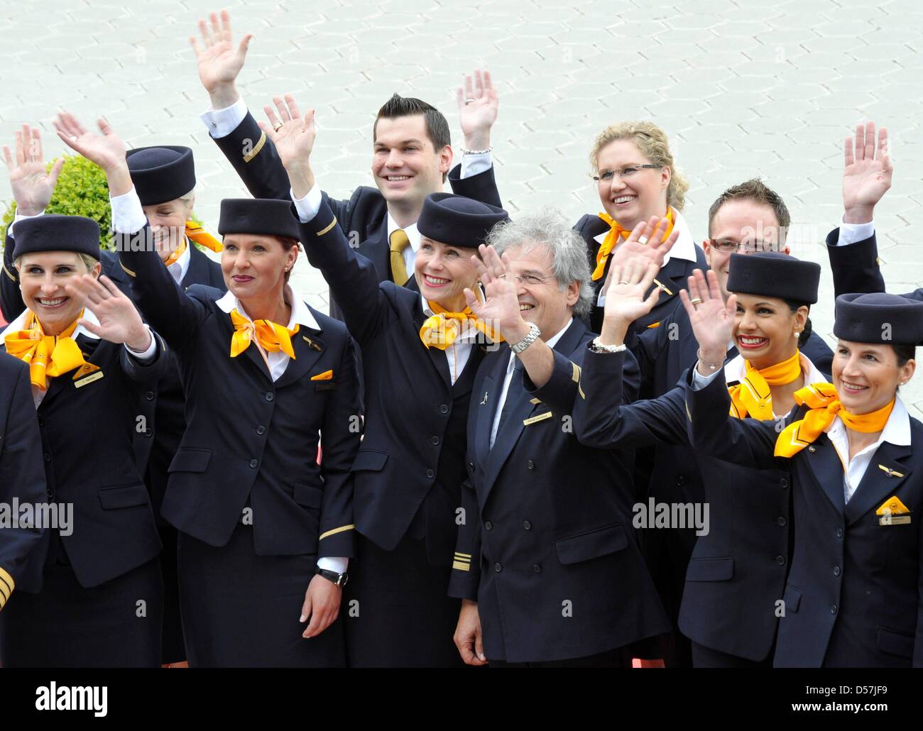 The crew celebrates the distribution of the first A380 airplane of ...