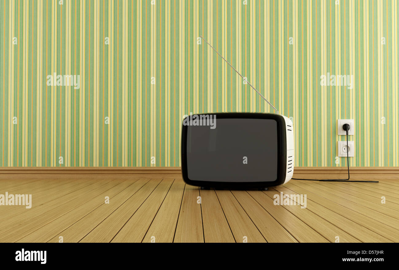 Retro tv on parquet in a empty room Stock Photo - Alamy