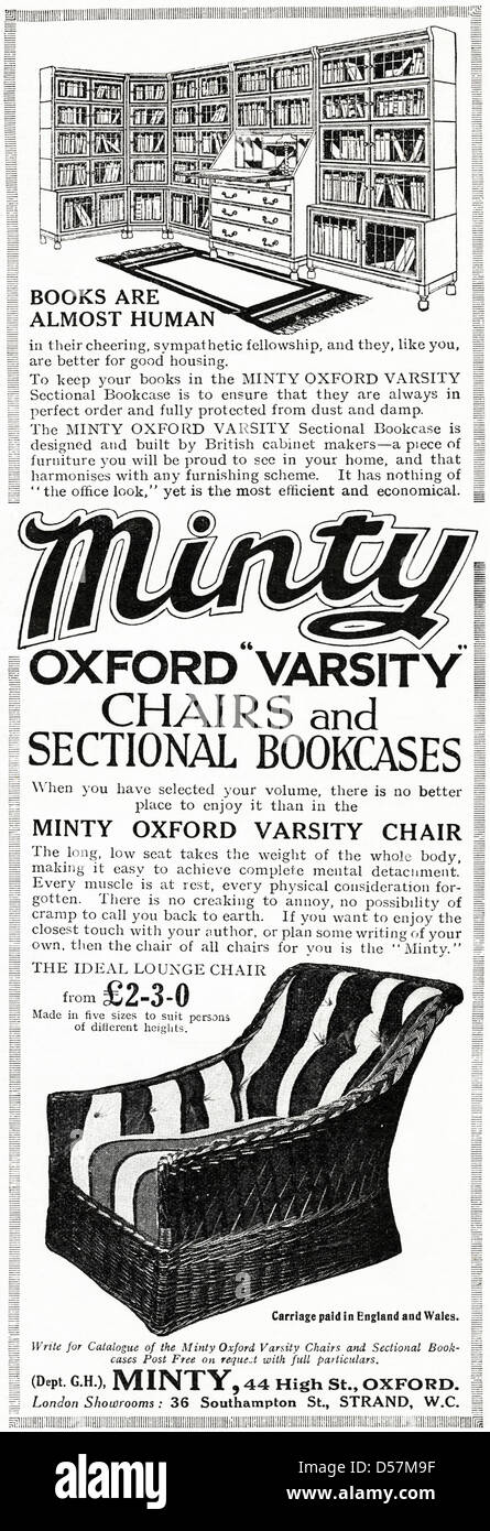 Advert advertising Minty chairs and bookcases. Original 1920s era ...