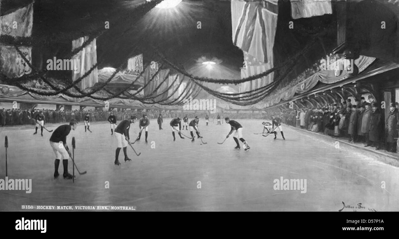 A composite photograph depicting the first indoor hockey game at ...