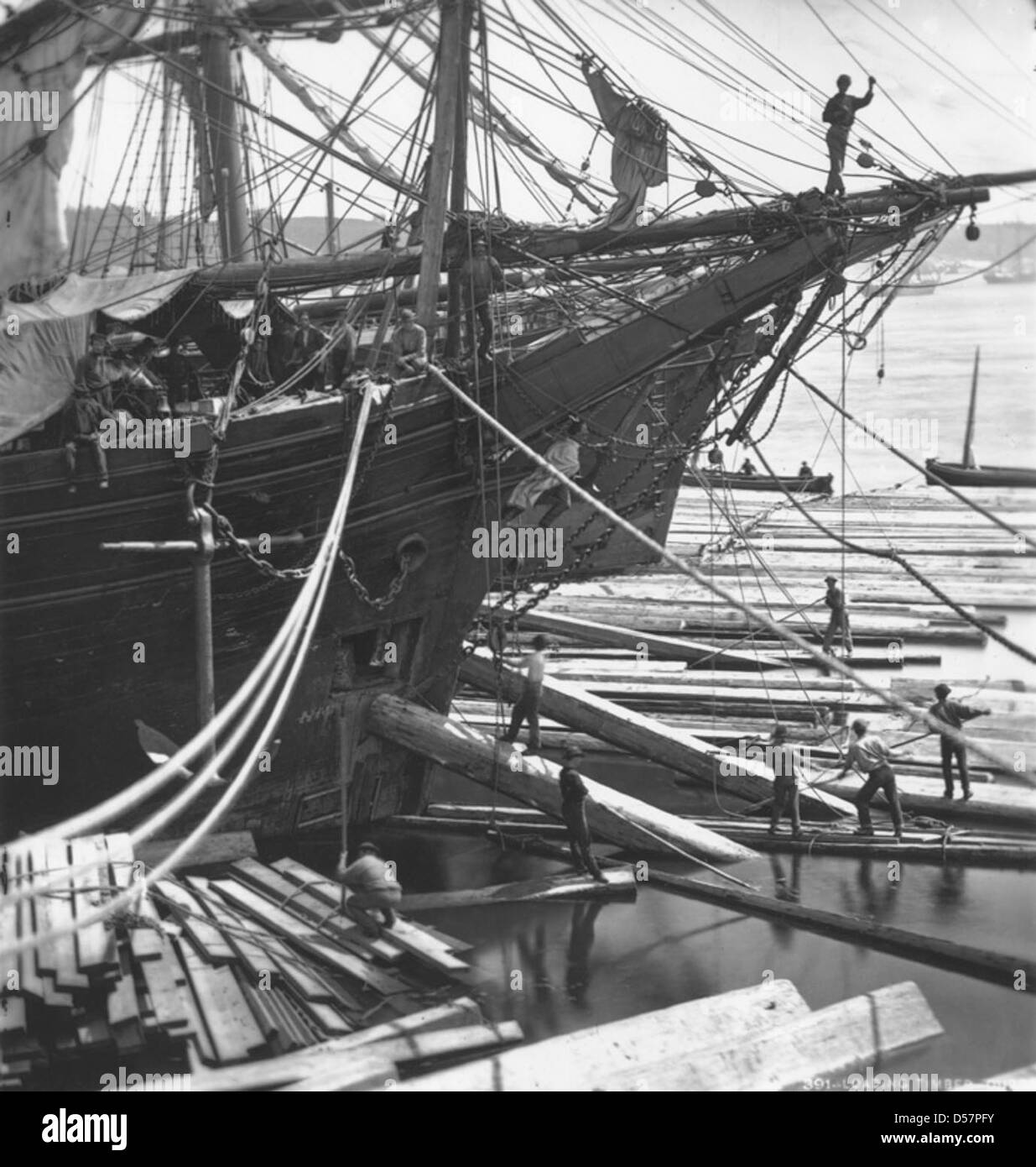 A historical photograph of a ship being loaded with square timber ...