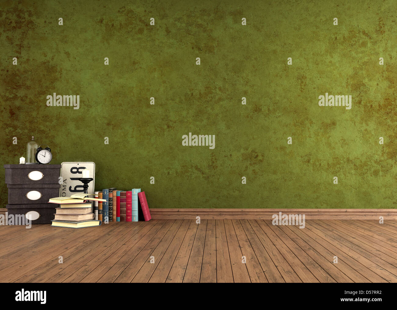 Empty vintage room with old books and retro objects- rendering Stock ...