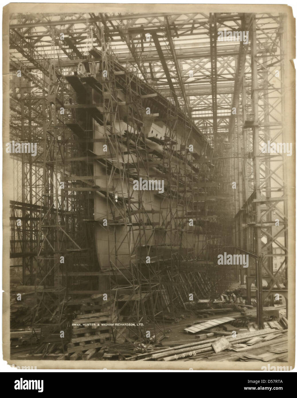 A photograph of the Mauretania ocean liner under construction at Swan ...