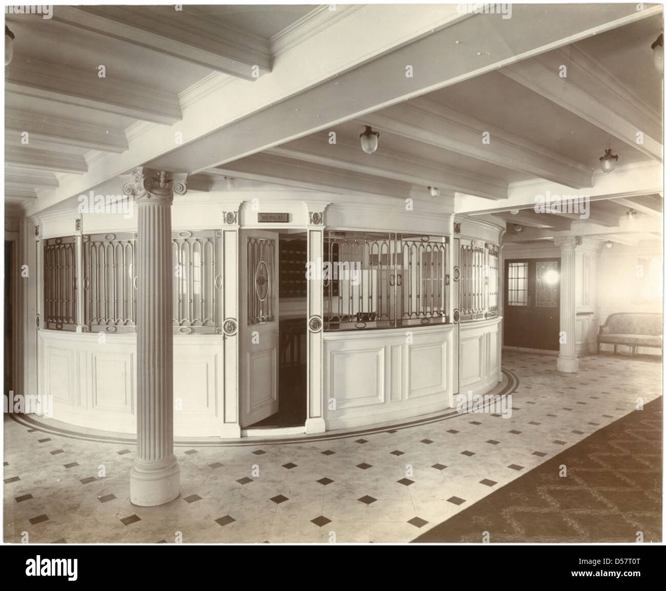 A historical photograph of the Purser's office aboard the RMS Lusitania ...