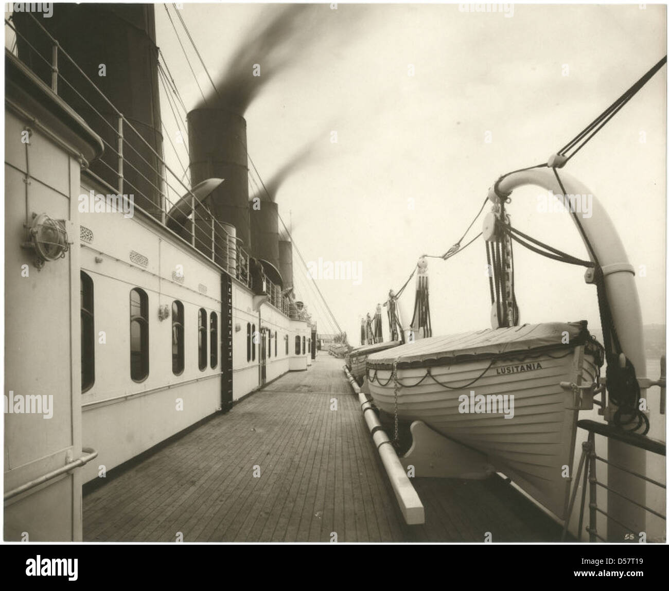 A photograph of the boat deck aboard the RMS Lusitania, featuring its ...