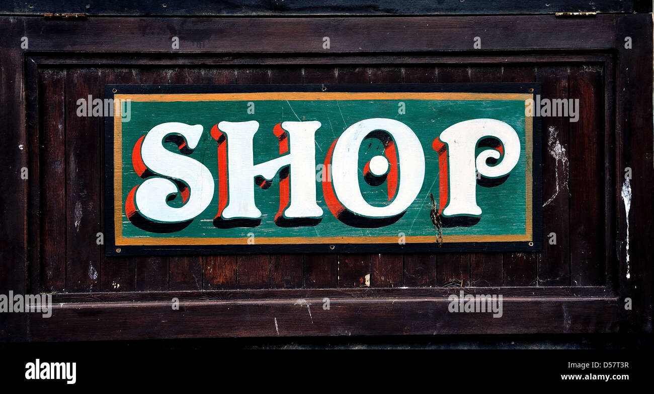 Close up hand painted 'Shop' sign Stock Photo - Alamy
