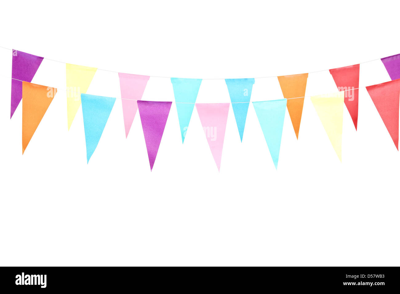 A studio shot of a line of colorful party flags, isolated on white ...