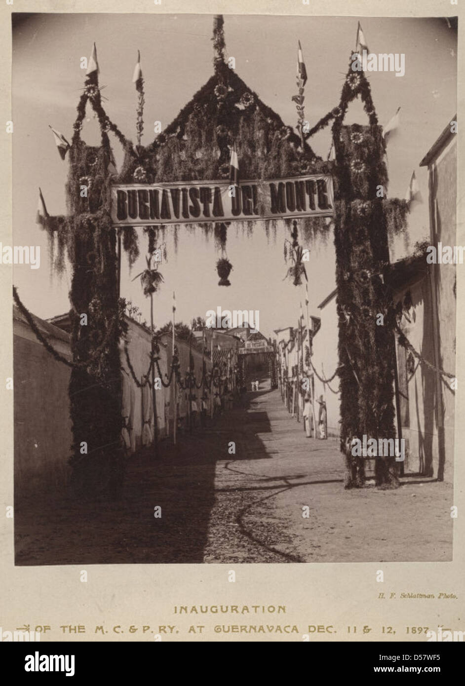 A celebration arch with a banner marking the inauguration of the Mexico ...
