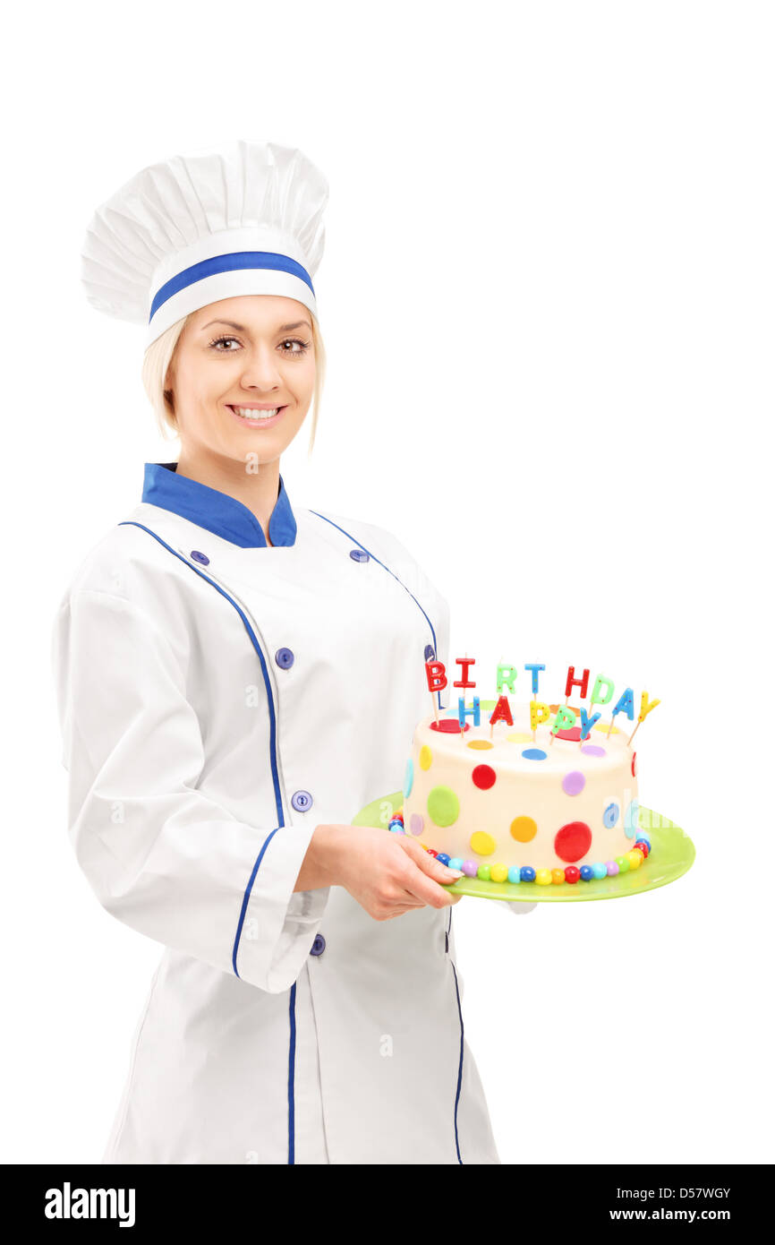 Female chef holding a birthday cake, isolated on white background Stock ...