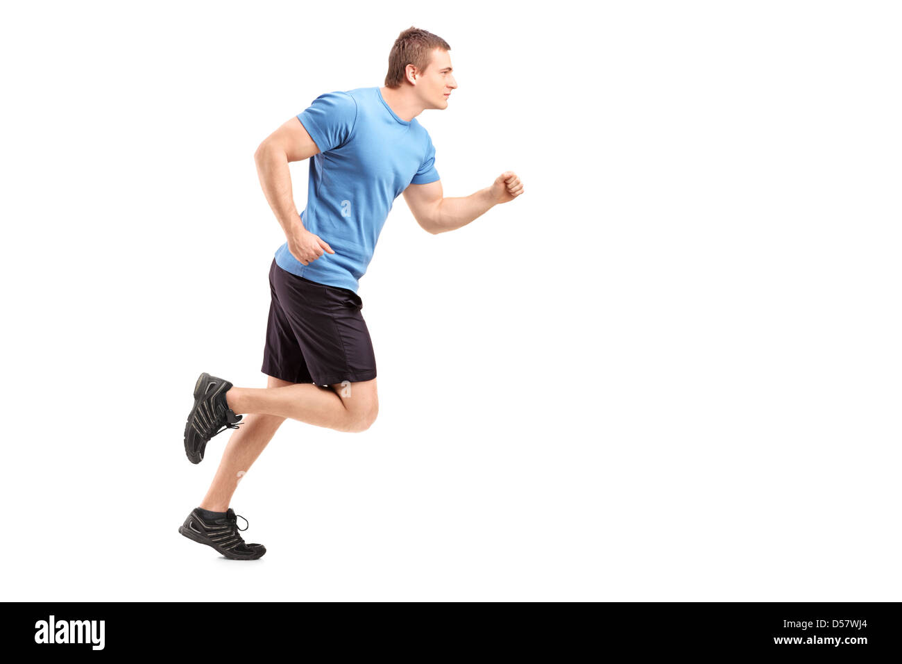 Full length portrait of a male athlete running isolated on white ...