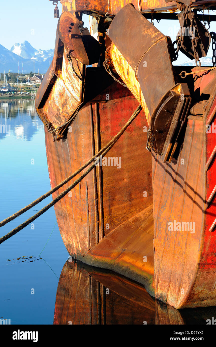 The stern of a rusty fishing boat, a stern trawler, with a stern ramp ...