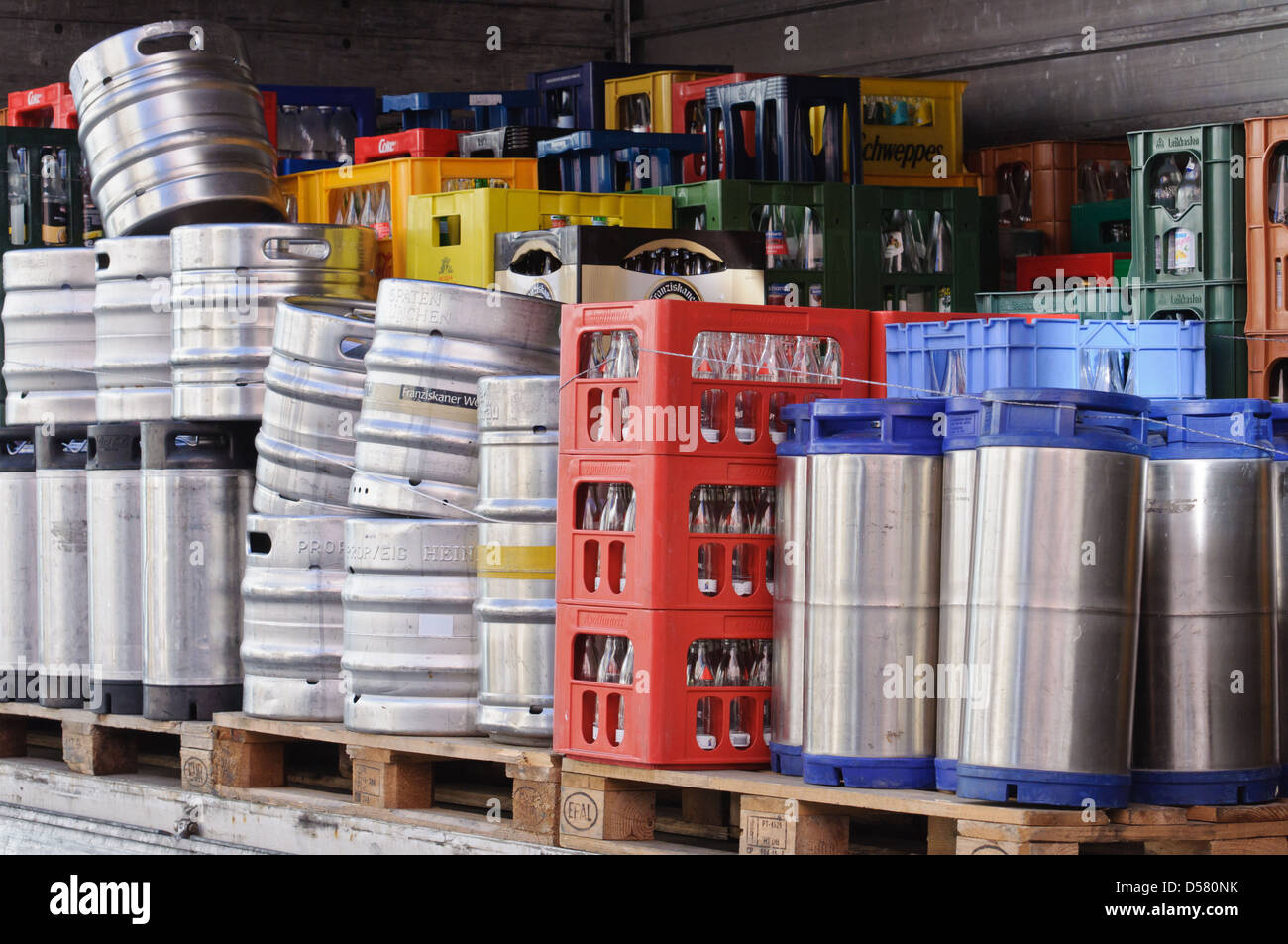 Truck load bed filled with German beer barrels, beverage barrels and ...