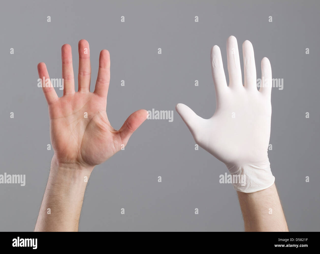 Two hands up. A hand is bare and the other is wearing a latex glove ...