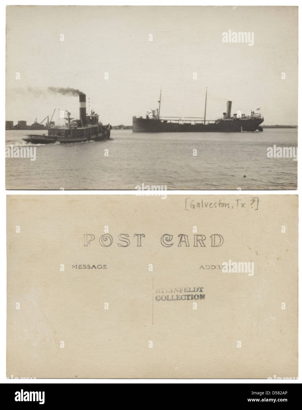 A photograph of a tugboat guiding a ship through a harbor. This image ...